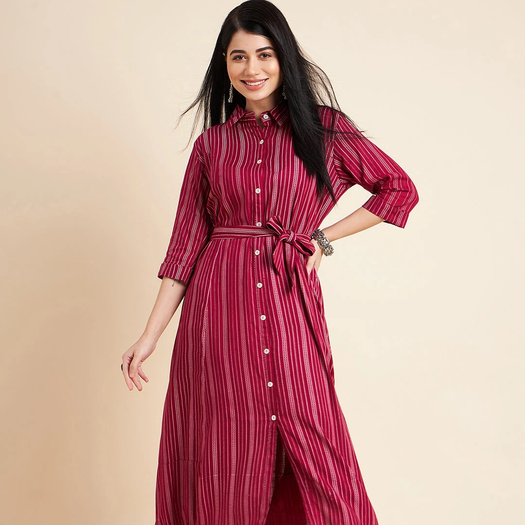 Women's Red Color Striped Shirt Collar Tie Ups Detail A-line Midi Dress ...