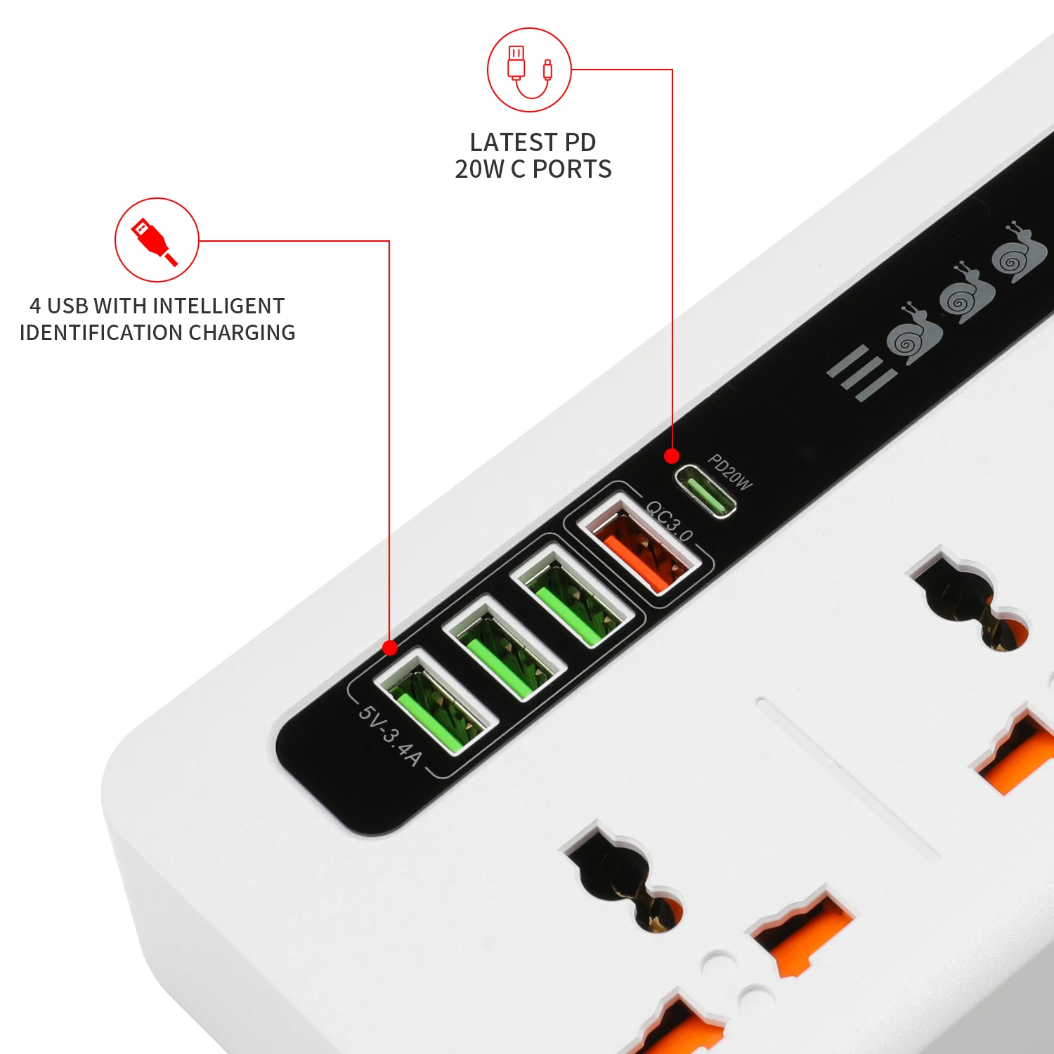 Universal Power Strip Receptacle PD20W QC3.0 Charger Surge Protector ...
