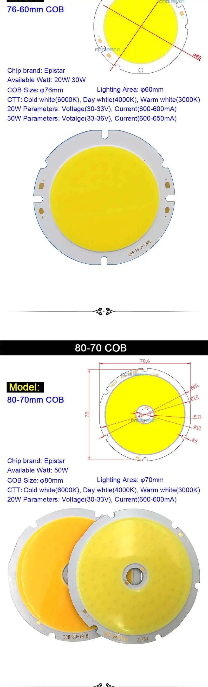 3W-200W Round COB LED Chip for Spotlight and Downlight