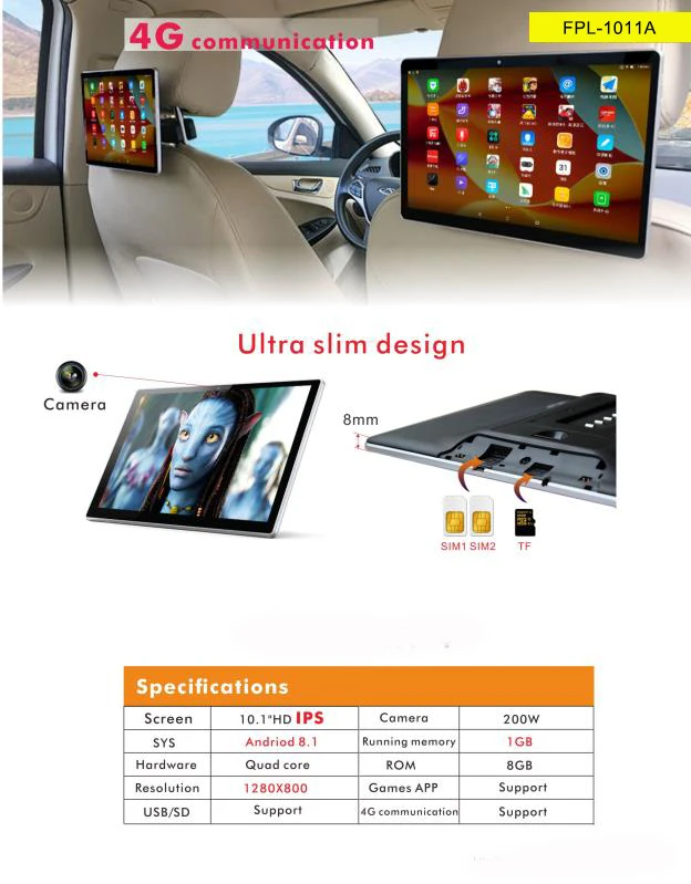 10.1inch Ips Android Headrest Monitor With 4g Front Camera For Taxi ...