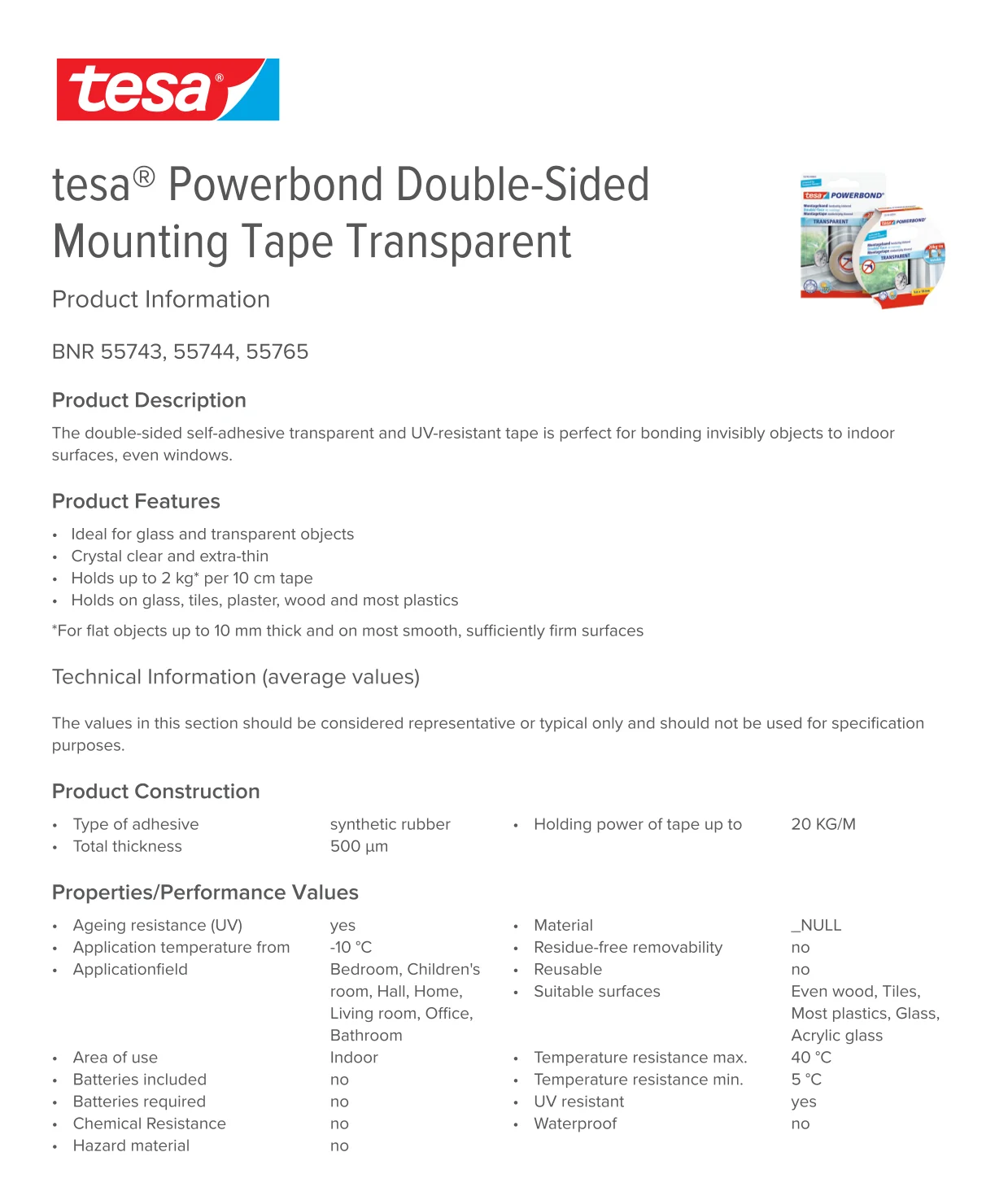 Tesa Powerbond Double-Sided Mounting Tape - Heat Resistant