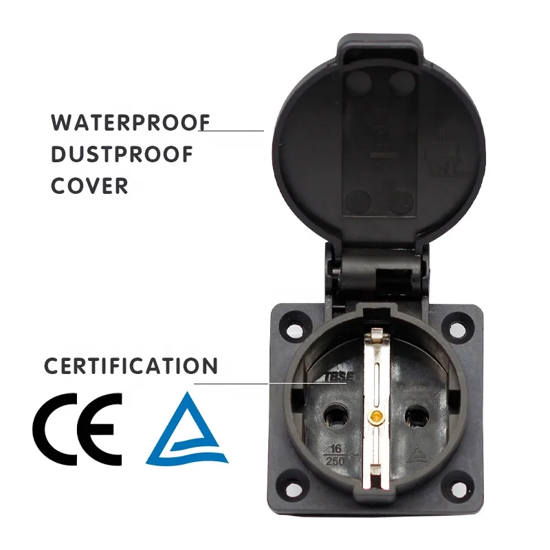 16A 250V Type F Shuko EU Round 2 Female Outdoor Waterproof Socket