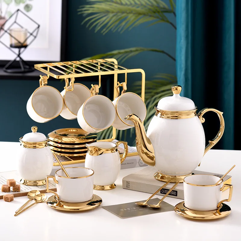 Ceramic Golden Tea Set With Teapot Milk Pot Sugar Jars Porcelain Tea ...