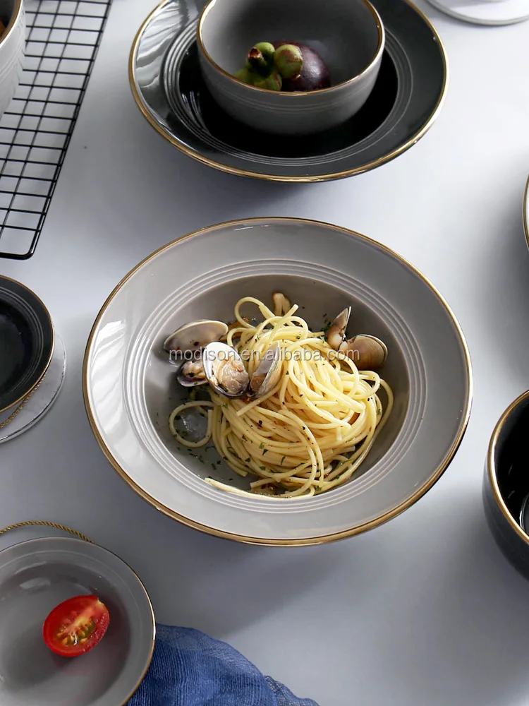 Ceramic Tableware with Gold Rim - Deep Pasta Dishes & Plates