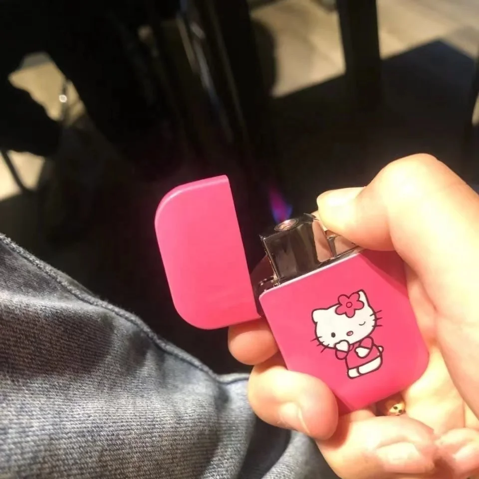 Custom Logo Hello Kitty Cartoon Cat Lighter Windproof Pink Flame ...