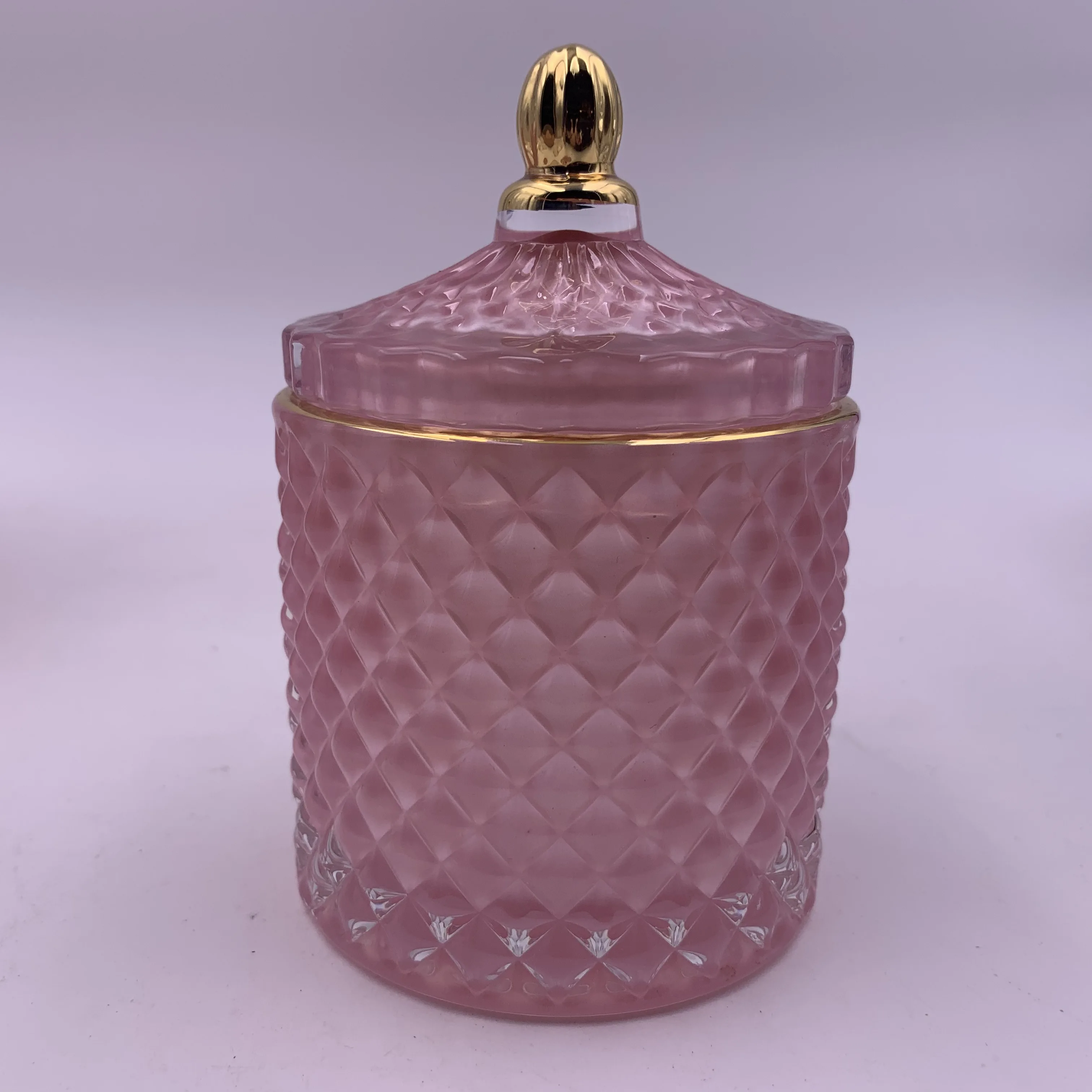 BR-1047 Glass Diamond Geo Cut Light Pink Jar for Candle Making