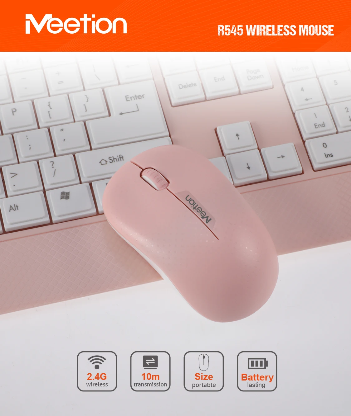 Meetion R545 Pink Cordless Mouse - 2.4G Wireless for Win & Mac
