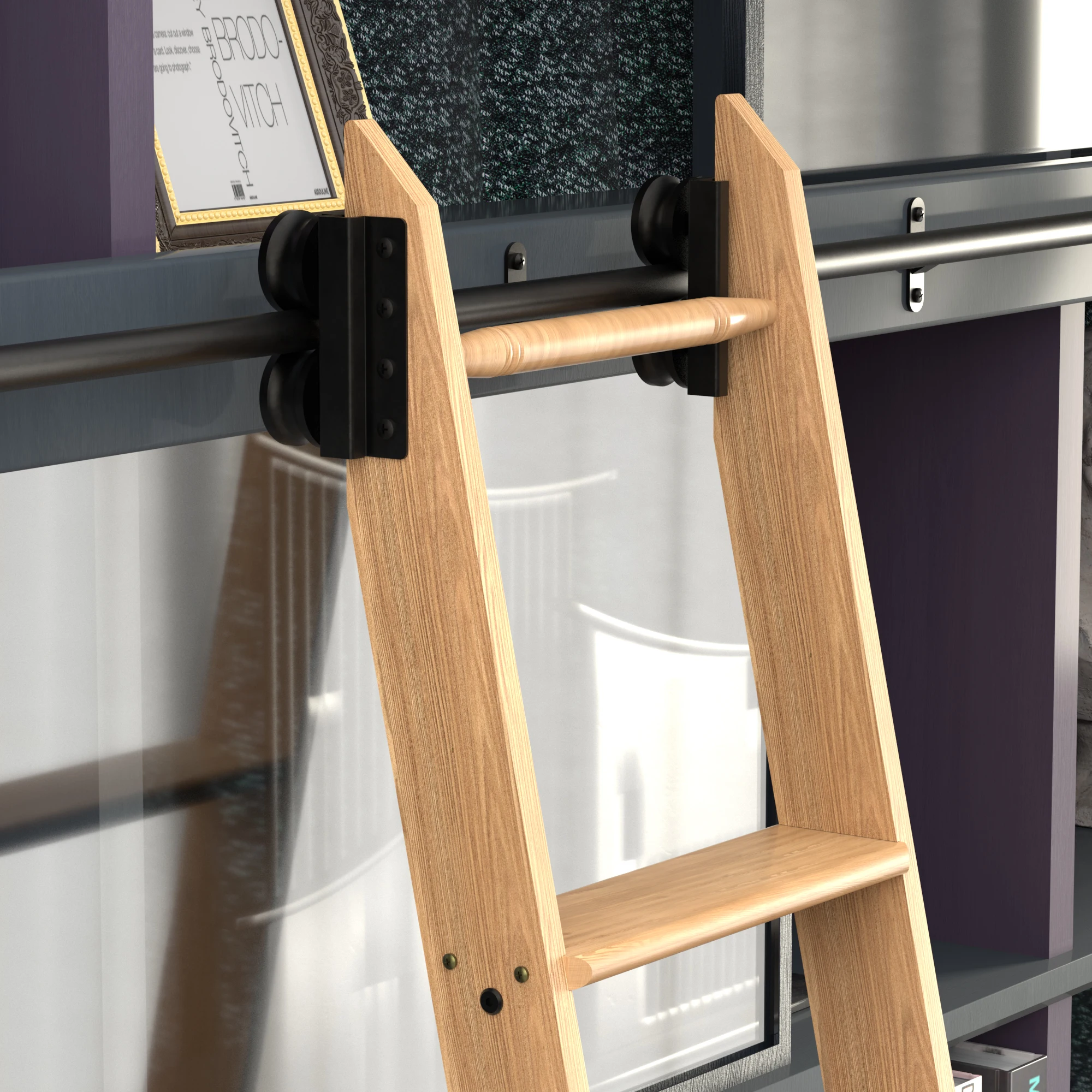 Storable Sliding Ladder Hardware 2m Customized Steel Black Sliding ...