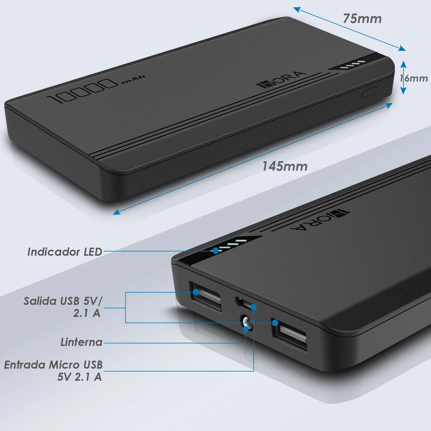 1 Hora Power Bank Portable Battery 10000mah 2.1a Charge Portable ...