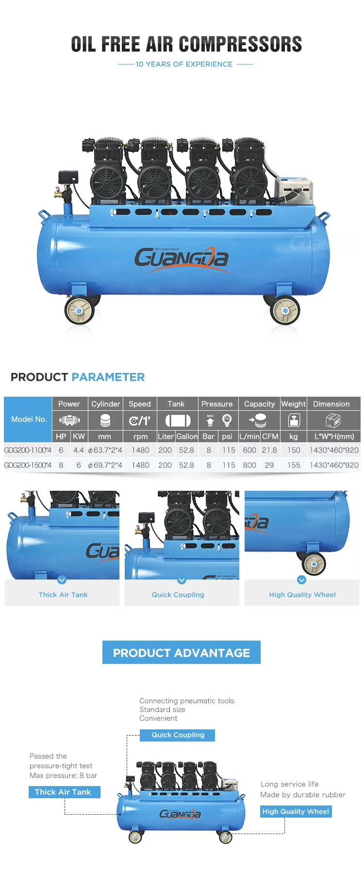 8 Bar 200l Industrial Oil Free Silent Piston Air Compressor Price - Buy ...