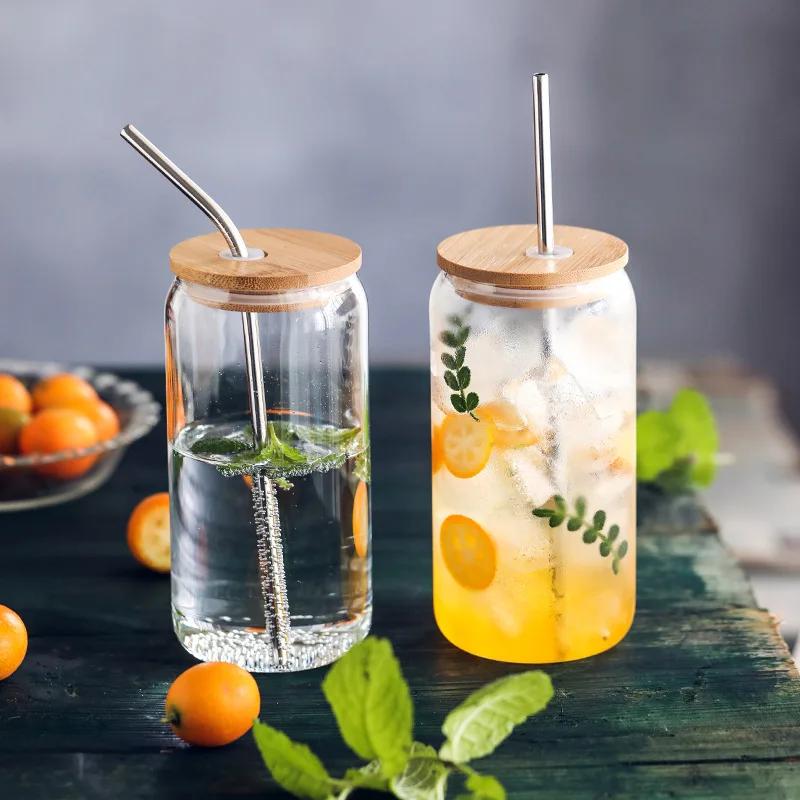 20 Oz Beer Can Glass With Bamboo Lid & Straw Regular Mouth Can Shaped ...