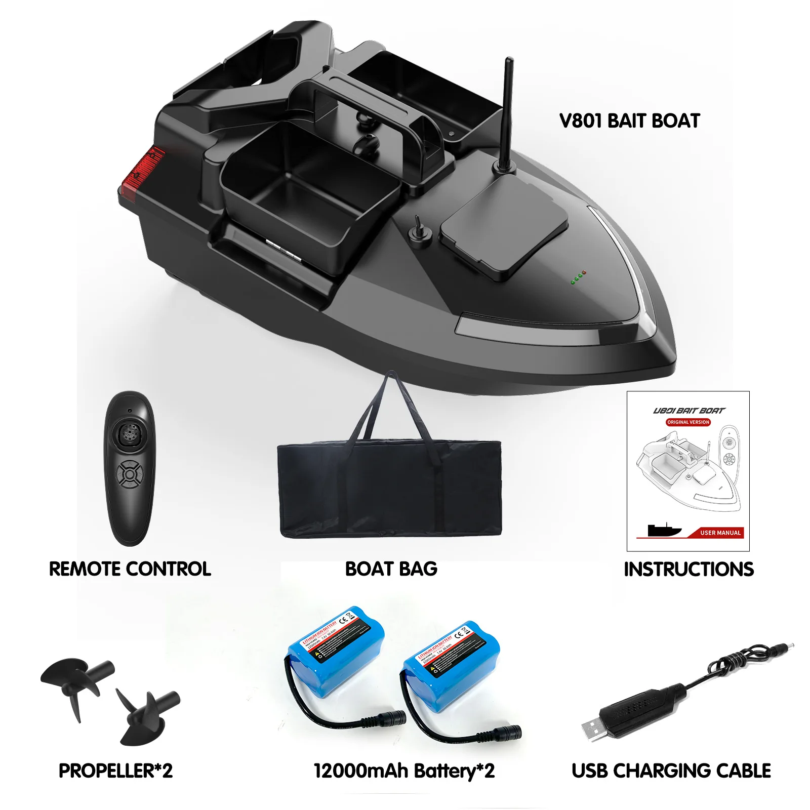 V801 GPS-Enabled 10KM/H Speed Radio Controlled Bait Boat 500m Control ...
