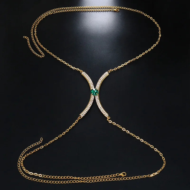 Trendy Green Crystal Rhinestone Chest Bracket Chain Sexy Round Coin ...