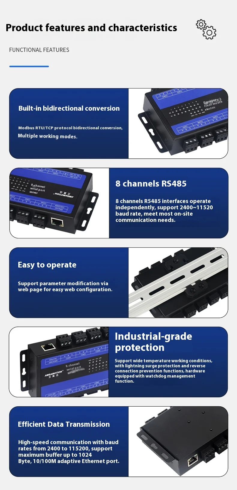 Amsamotion 8-Way RS485 to Ethernet Module RTU TCP Serial Server for ...