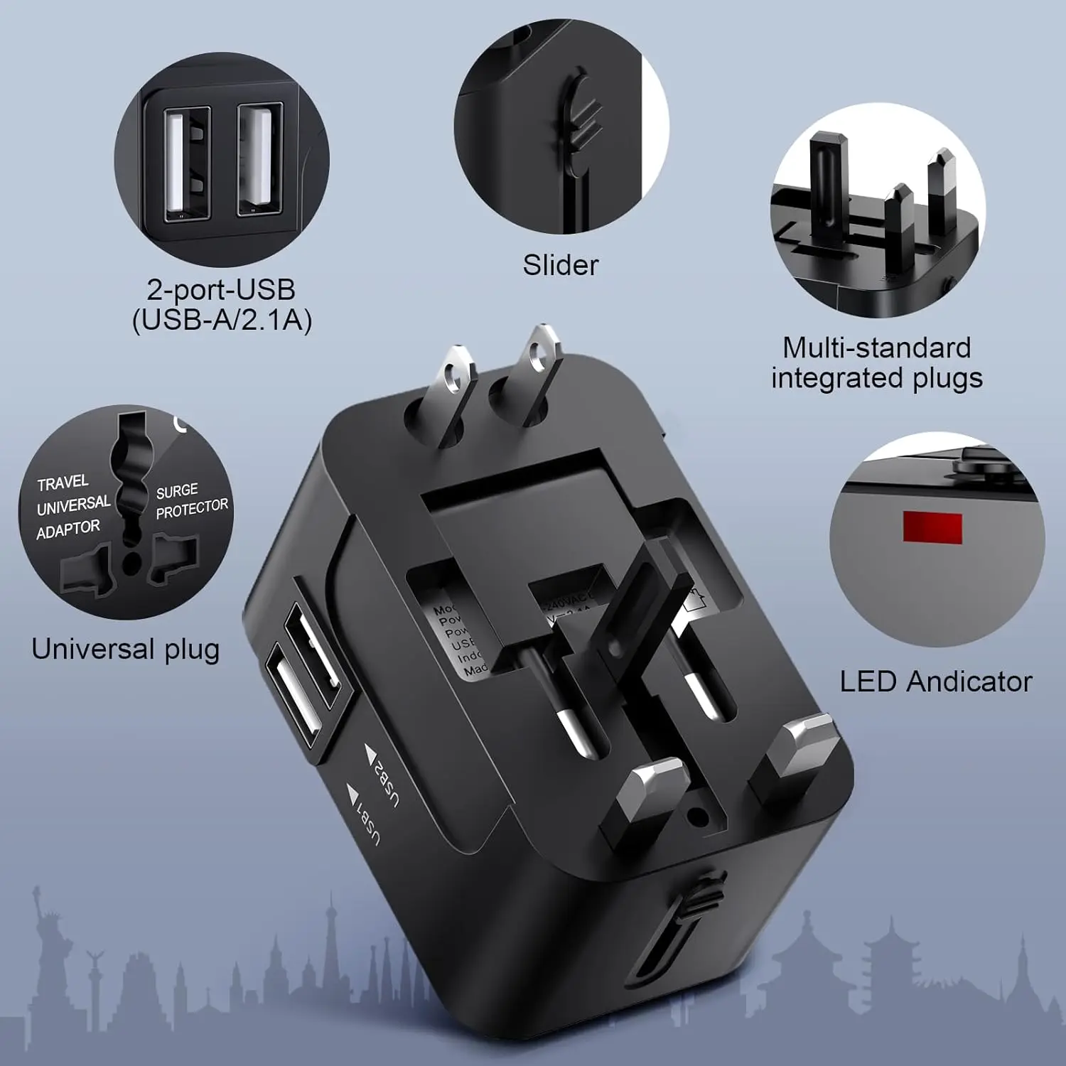 Universal Travel Adapter with 2 USB Ports - All in One