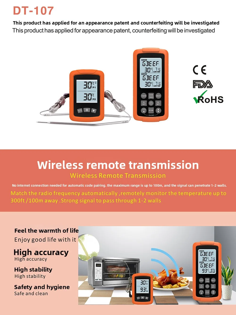 Wireless BBQ Thermometer Dual Probe Digital Electronic Thermometer ...