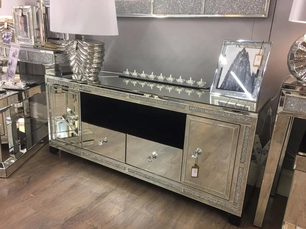Large Mirrored Glass Sparkly Crushed Crystal Diamond Glitz Tv Cabinet ...