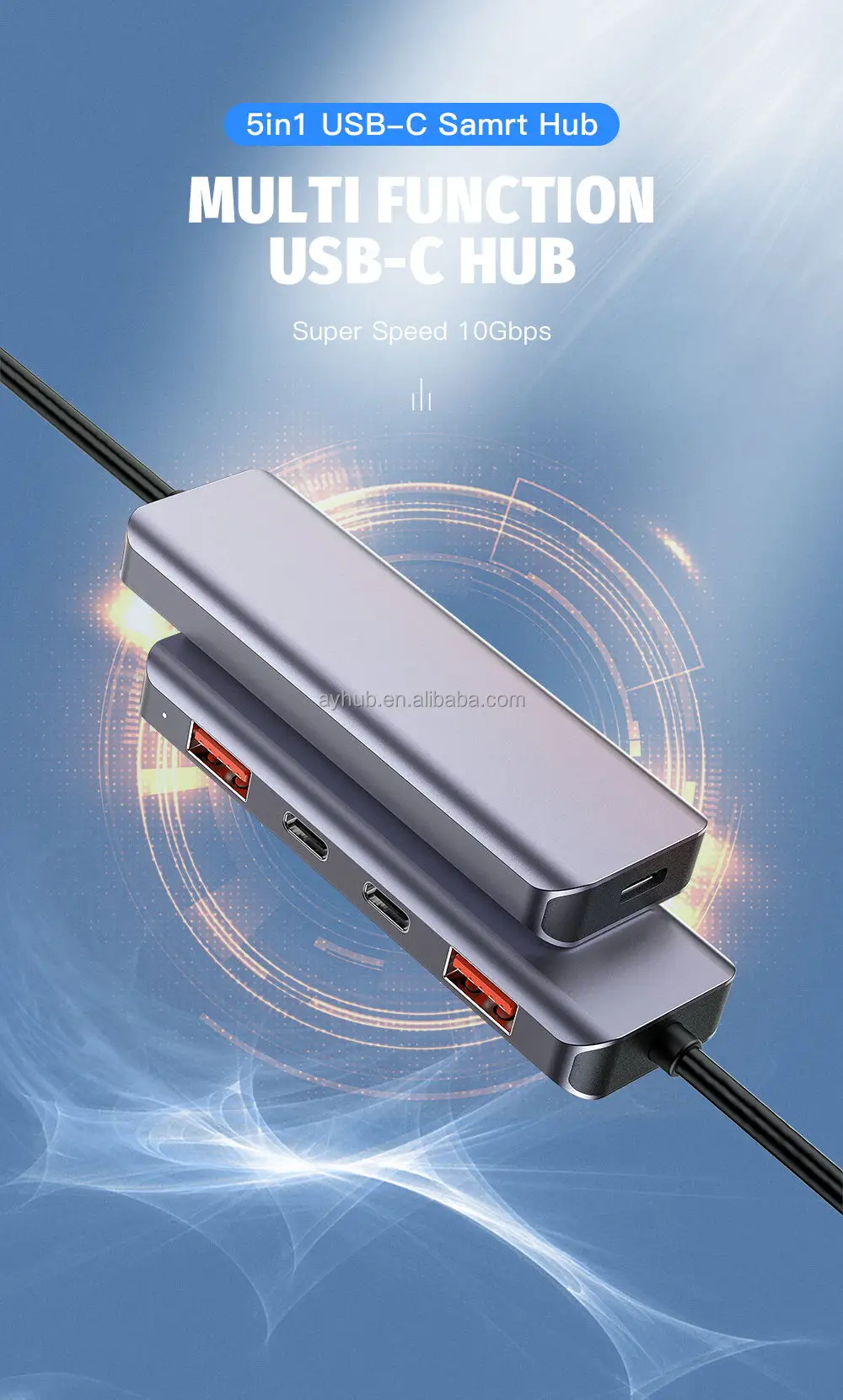 5 in 1 Aluminum 10GB High Speed Transfer USB C Hub With USB3.2 Port PD ...