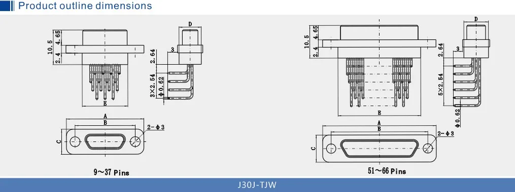 J30J Series Connector - 9 Pins Male PCB Right Angle Micro D-Sub Connector