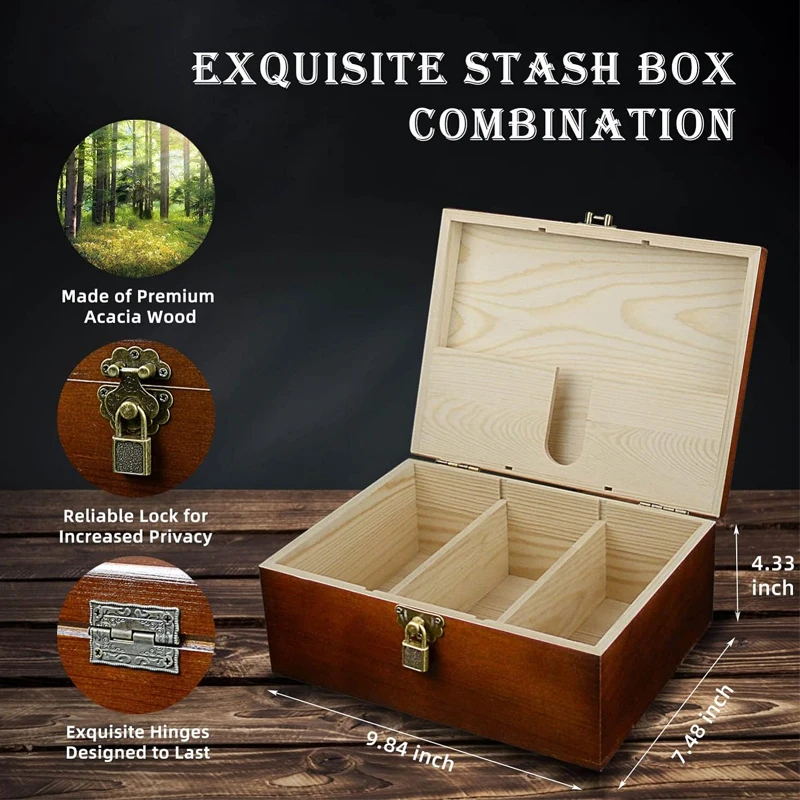 Wooden Stash Organizer Box With Rolling Tray Acacia Container Smoking ...