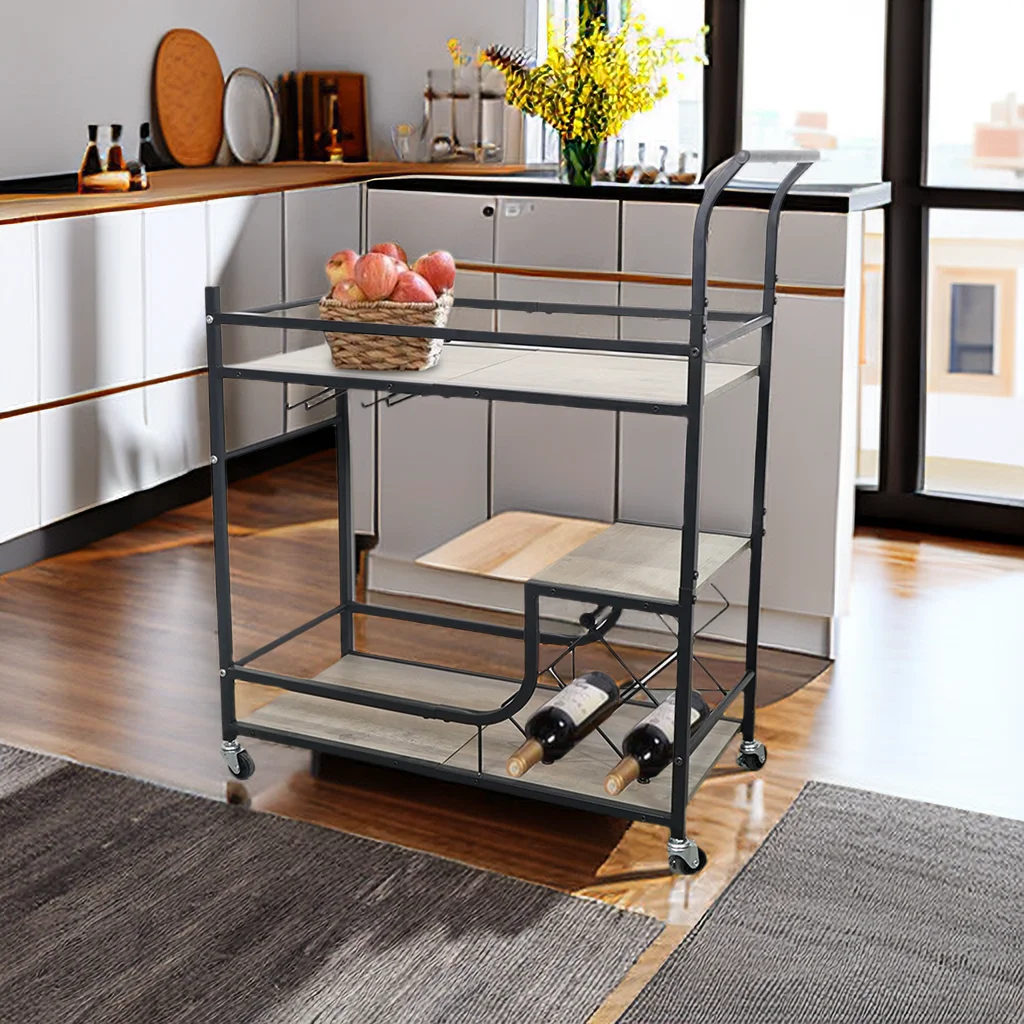Rustic Beverage Cart And Drink Trolley With Wine Rack And Glasses ...