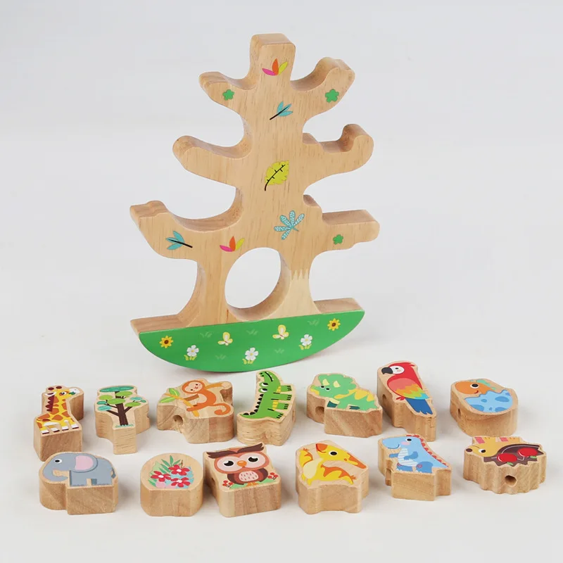 Wooden Animal Beaded Balance Tree Stacking Blocks Toy Kids Threading ...