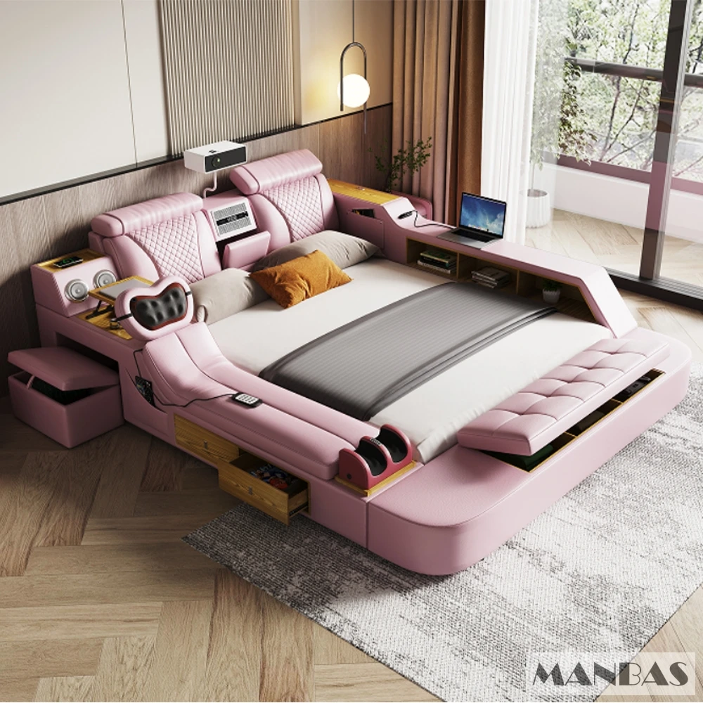 Multifunctional Smart Bed Frame: Modern Design with Genuine Leather ...