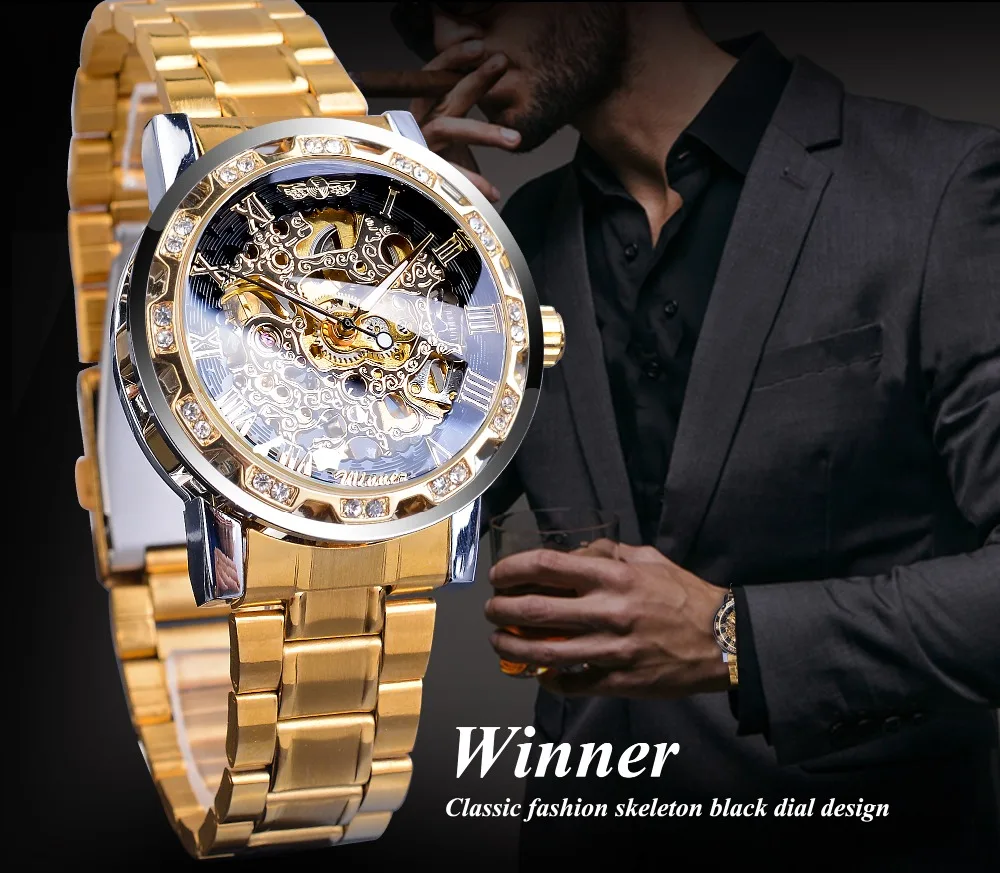 Winner Golden Watches Classic Rhinestone Clock Roman Analog Male ...