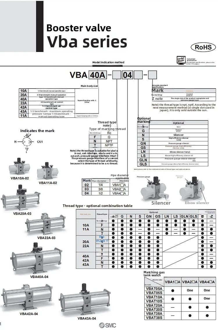 SMC Pneumatic Metal Gas Booster Valve VBA10A-02/VBA20A-03/VBA40A-04GN Booster Regulator with ...