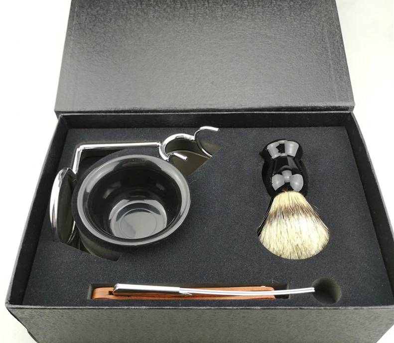 New Shave Wooden Box Kit Men Wood Handle Straight Razor Sets Leather ...