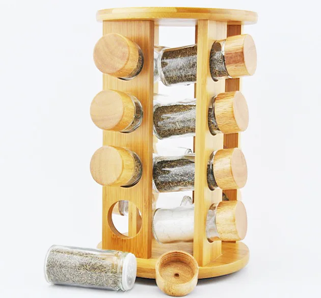 Bamboo Spice Rack Wtih 16 Spice Jars Freestanding Wooden Shelf Holders ...