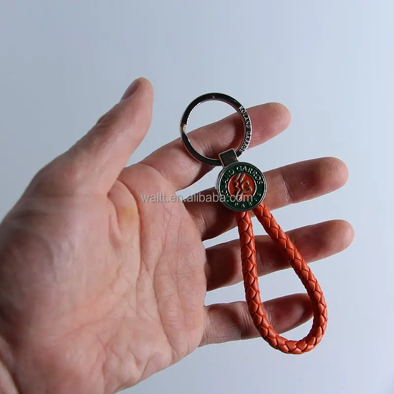 Orange Leather Woven Metal 3D Logo Keychain With Stainless Steel Ring ...