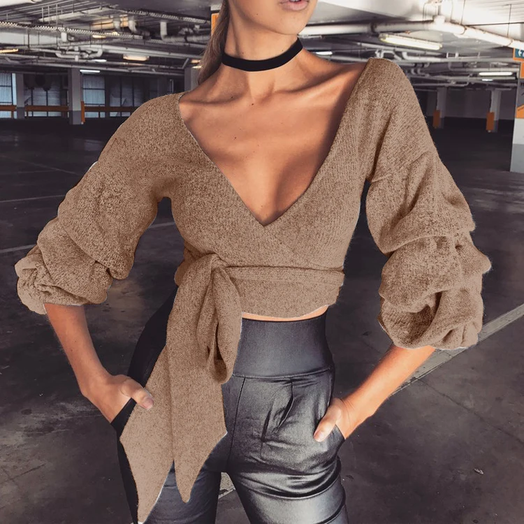 Latest Design Ladies Sweater Sexy Tied V Neck Cropped Sweater Women ...