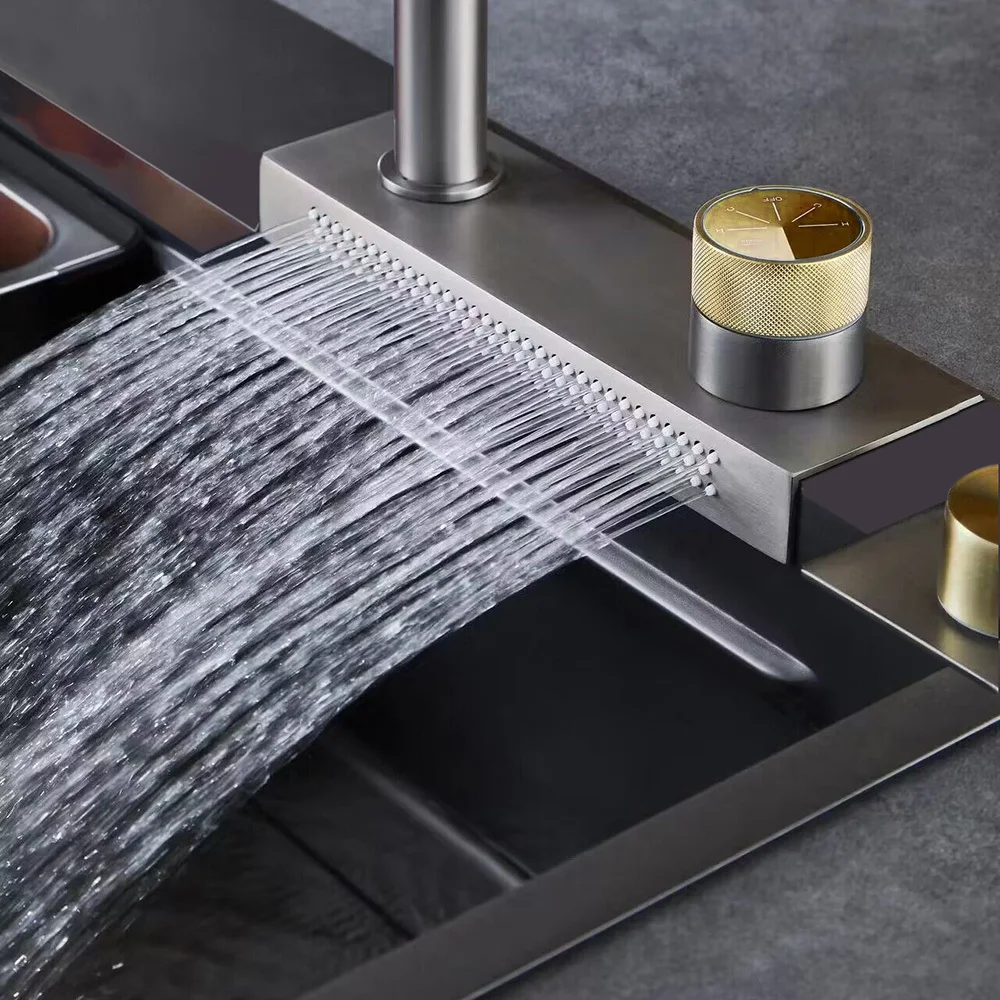Big Waterfall Grey Kitchen Faucet Flexible Connections Durable Free ...