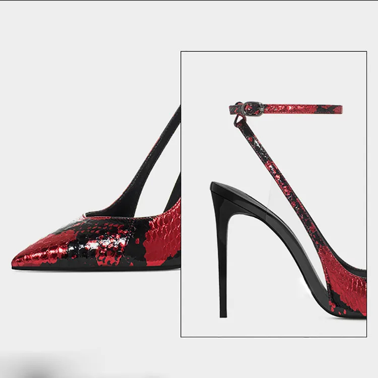 Snake Print Heels Shoes Red Color Snake Genuine Leather Snakeskin Ankle ...