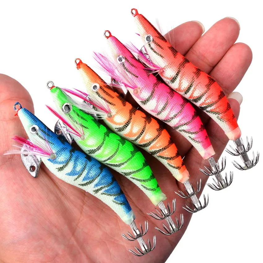 1pcs 11g/10cm Luminous Squid Jig Fishing Wood Shrimp Lure Squid Cuttlefish Jigs Lures ...