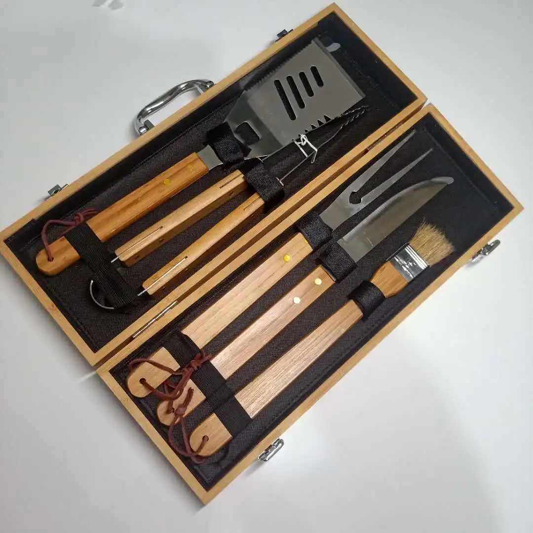 5 Pcs Bbq Grift Set Stainless Steel Wooden Bamboo Handle Barbecue Grill ...