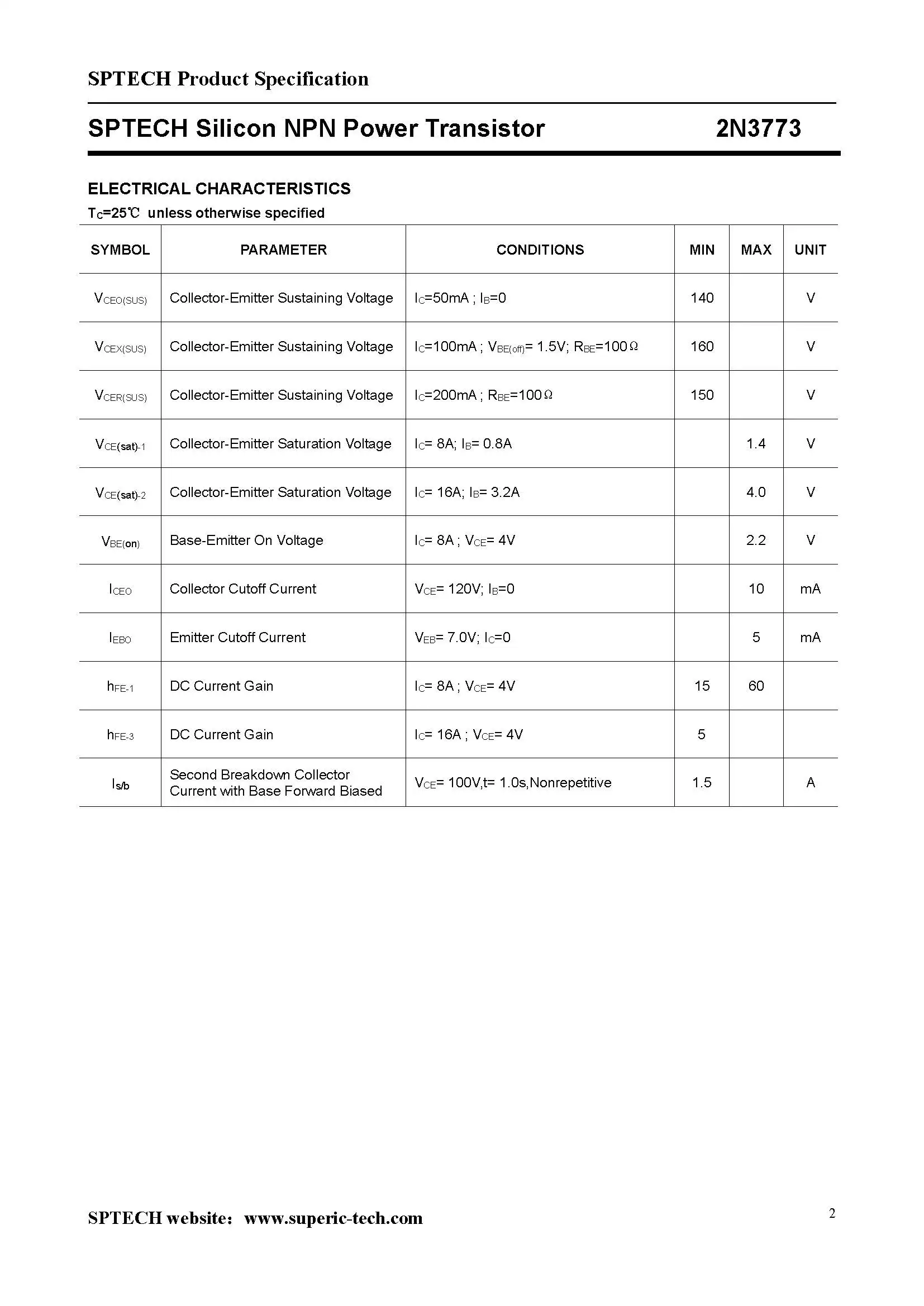 Sptech Silicon Npn Power Transistor 2n3773 For Automobile Igniter - Buy ...