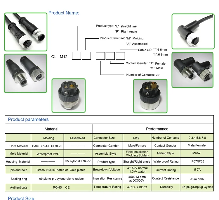 M12 Sensor Connector 3pin 4pin 5pin 8pin Female Male Cable Straigh Plug ...
