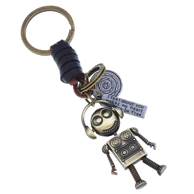 Punk Vintage Jewellery Alloy Bronze Robot Keychains Men Genuine Leather ...