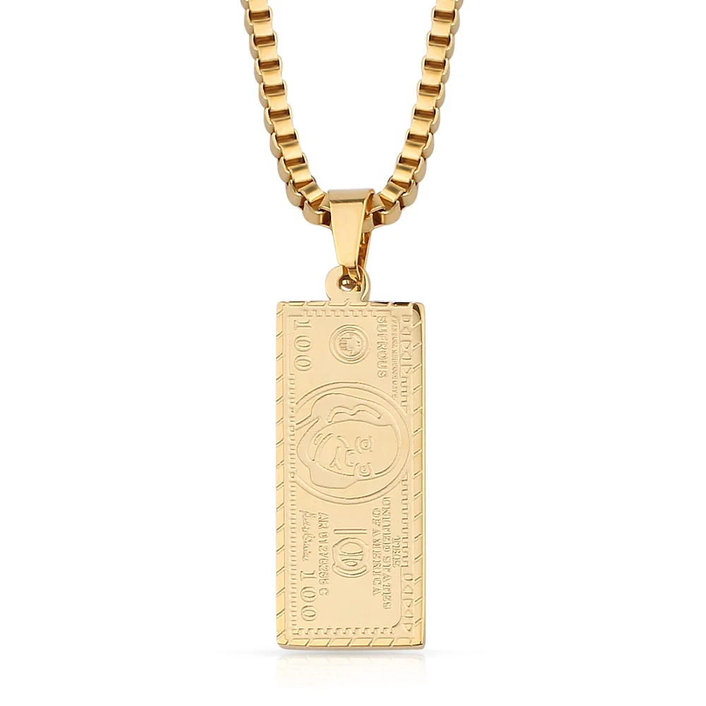 Hundred $100 Dollar Bill Pendant Necklace Gold Color Stainless Steel ...