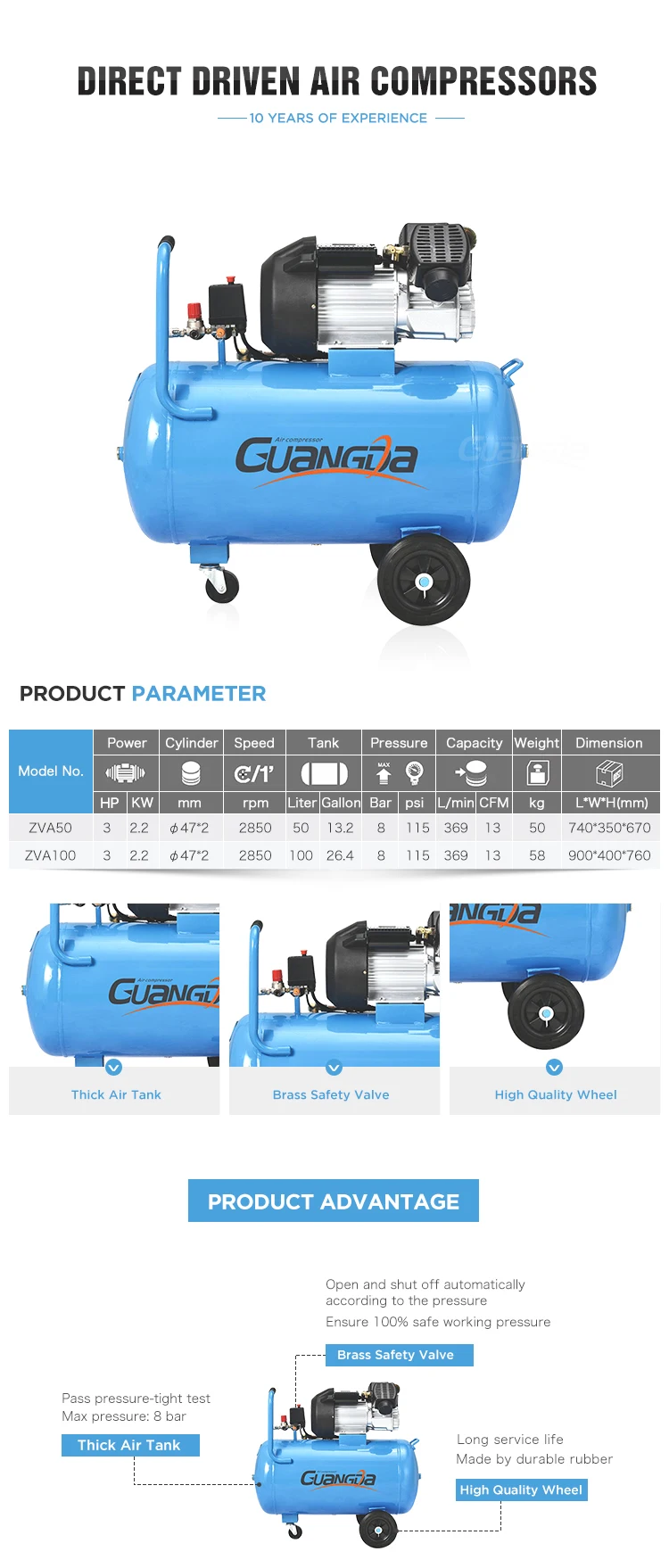 3 hp 2.2kw 100 Liter Chinese Heavy Duty Direct Driven air Compressor ...