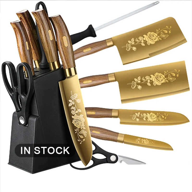 Factory Golden Kitchen Knife Set Stainless Steel Blade and Wood Grain ...
