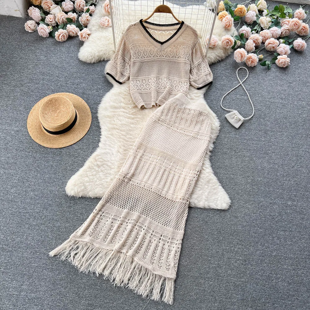 Hot Sale 2023 Summer Korean Tassel Knitted Cutout Set Skirt V Neck
