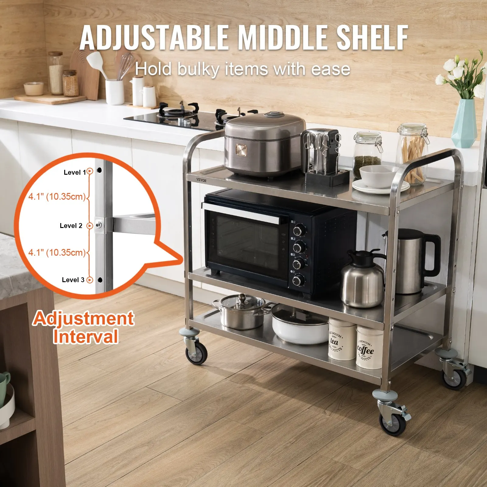 Height-adjustable Shelves 3 Tiers Kitchen Utility Service Cart ...