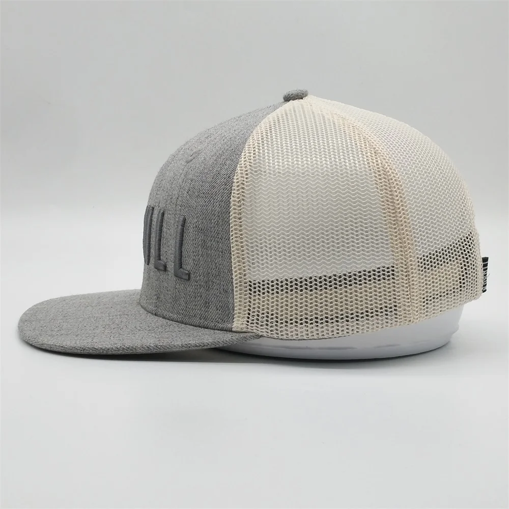 Custom Flat Brim Mesh Trucker Snapback Caps with 3D Embroidery