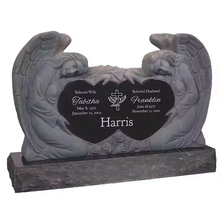 Modern Black Granite Double Angel Headstone Tombstone Cemetery Memorial ...