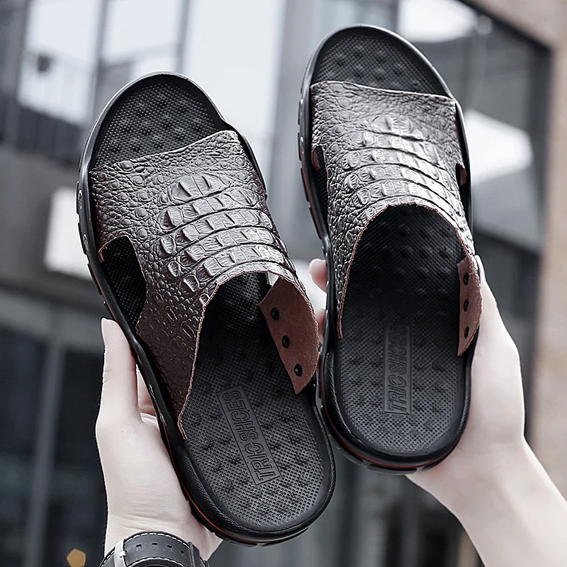 Hand Made Crocodile Leather Shoes Men Beach Slippers Summer Men%27s ...