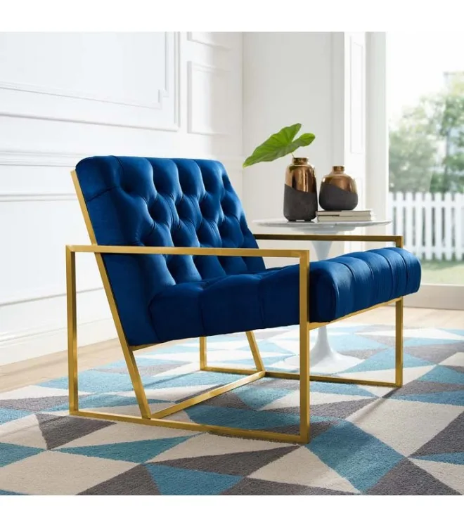Fabric Tuffted Square Box Gold Frame Armchair Metal Lounge Chair Velvet ...