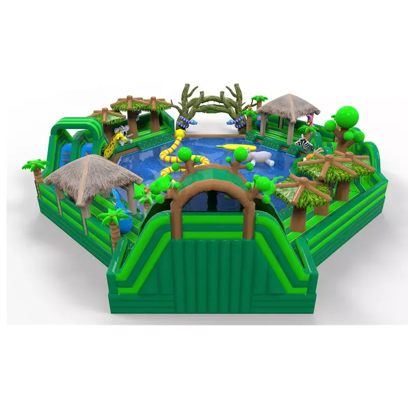 Jungle Inflatable Ground Land Water Park Slide with Pools